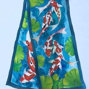 Hand Painted Silk Scarf Koi, Blue Silk Scarf, Red Koi Scarf, Crepe De ...