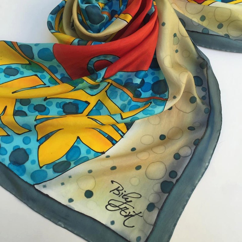 Yellow,red,blue,abstract Floral and Spiral Silk Scarf, Hand Painted ...