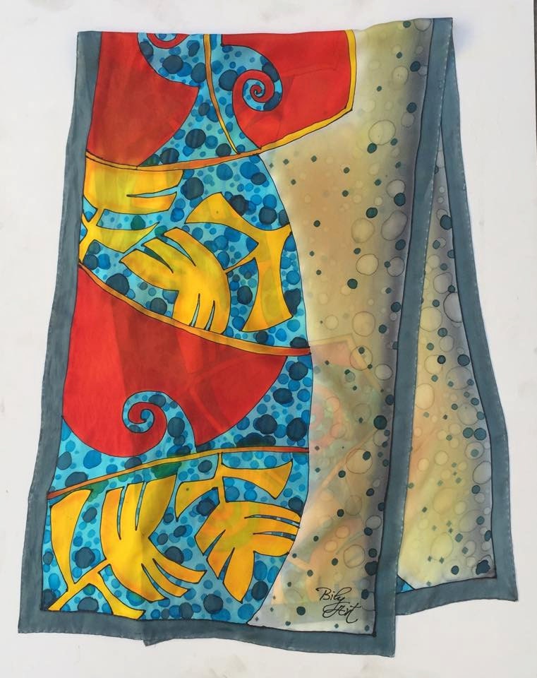 Yellow,Red,Blue,Abstract Floral and Spiral Silk Scarf, Hand Painted ...