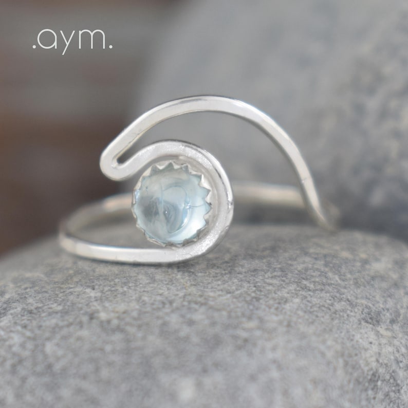 Aquamarine Wave Ring, Sterling Silver Gemstone Wave Stacking Ring ...