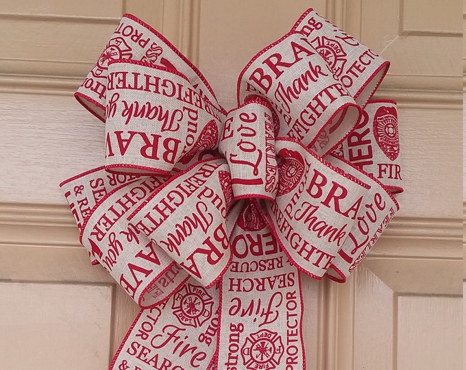 Firefighter Wreath Bow~ Fireman Front Door Bow~ Firefighter Support Bow ...