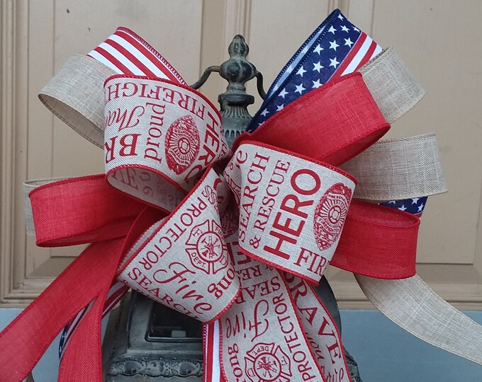 Firefighter Bow~ Front Door Wreath Bow~ Firemen Bow~ Firefighter Wreath ...