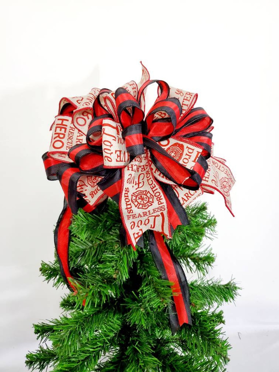 Firefighter Christmas Tree Topper Bow ~ Fire Department Holiday Tree ...
