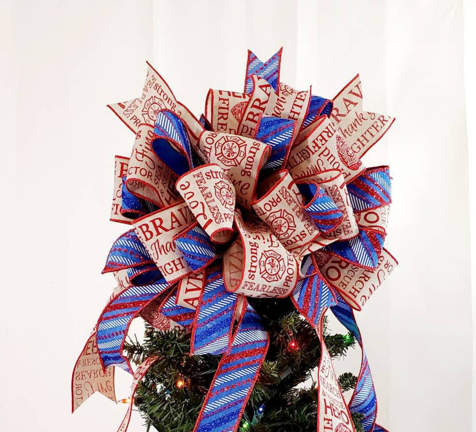 Firefighter Christmas Tree Topper Bow: Handmade Red Ribbon - Etsy