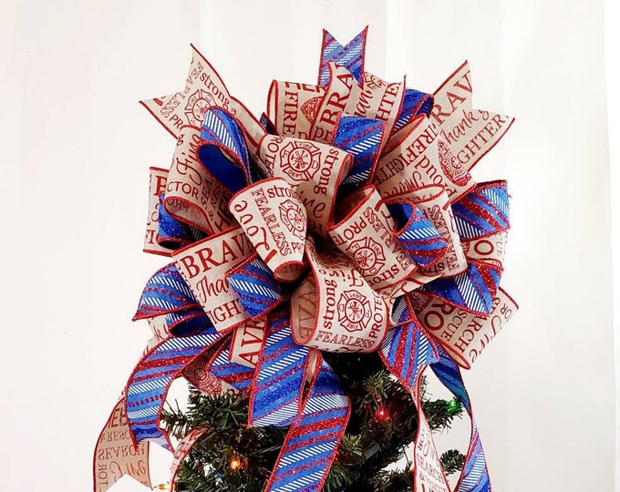 Firefighter Christmas Tree Topper Bow Fire Department Holiday Tree ...