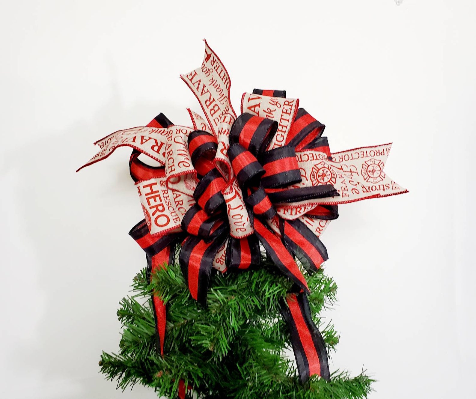 Firefighter Christmas Tree Topper Bow ~ Fire Department Holiday Tree ...