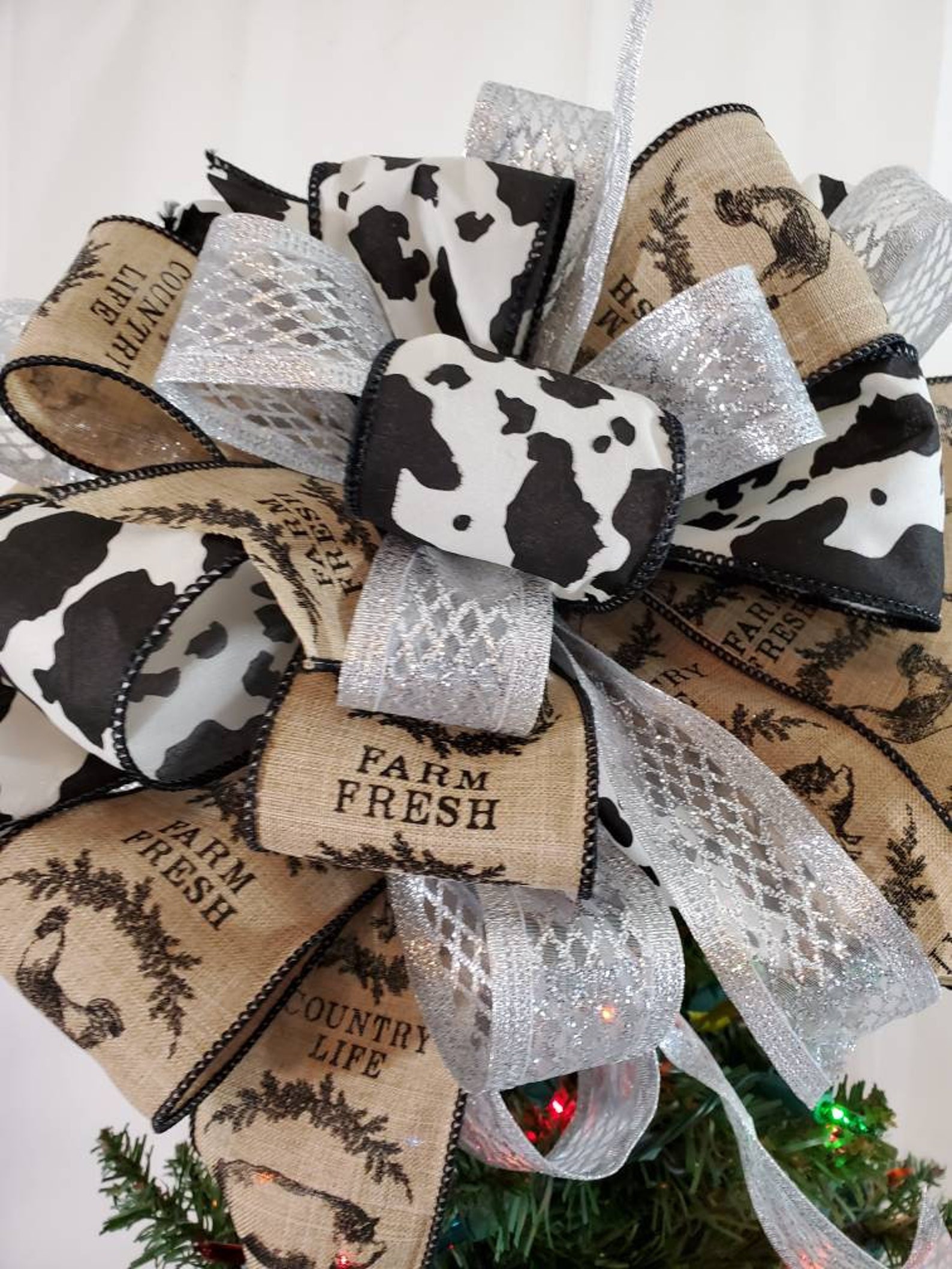 Country Cow Print Christmas Tree Topper Bow Holiday Tree | Etsy