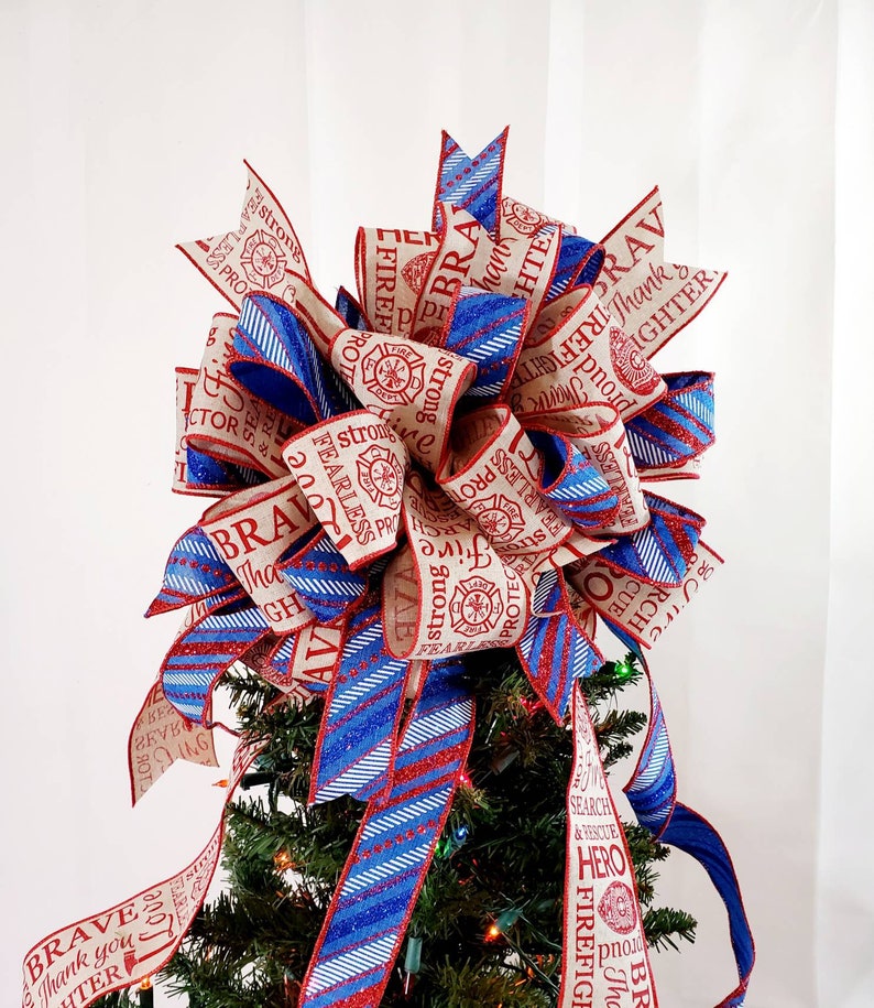Firefighter Christmas Tree Topper Bow: Handmade Red Ribbon - Etsy