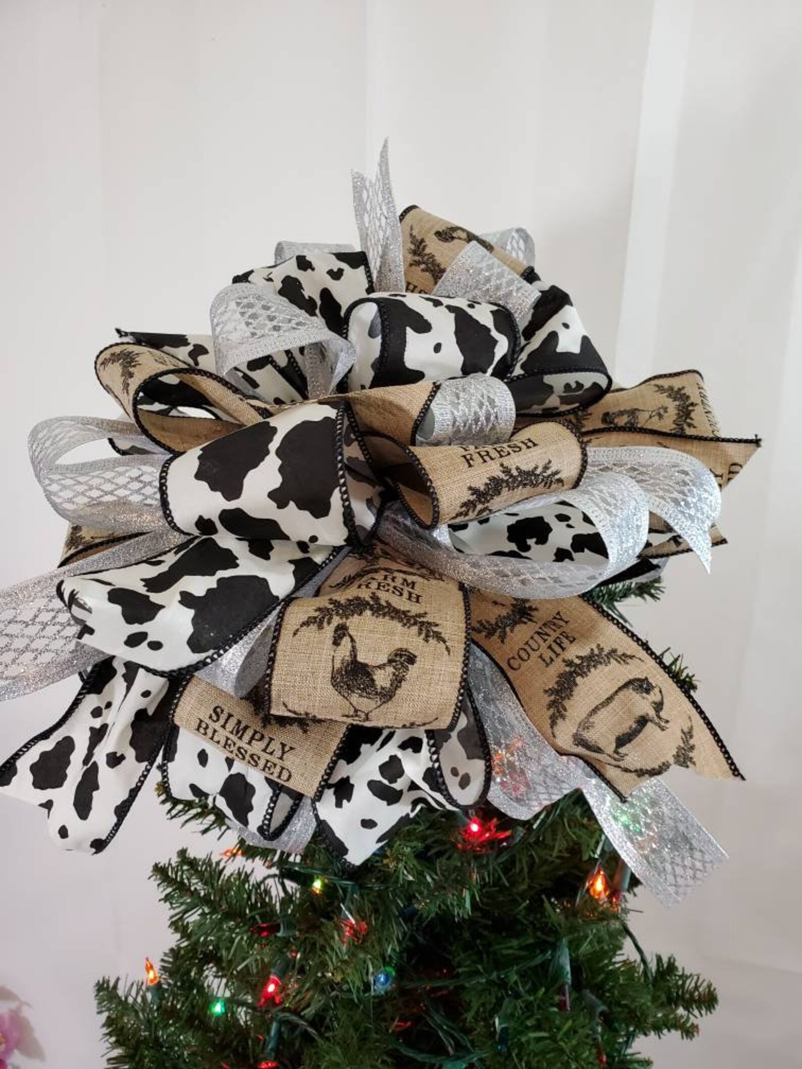 Country Cow Print Christmas Tree Topper Bow Holiday Tree | Etsy