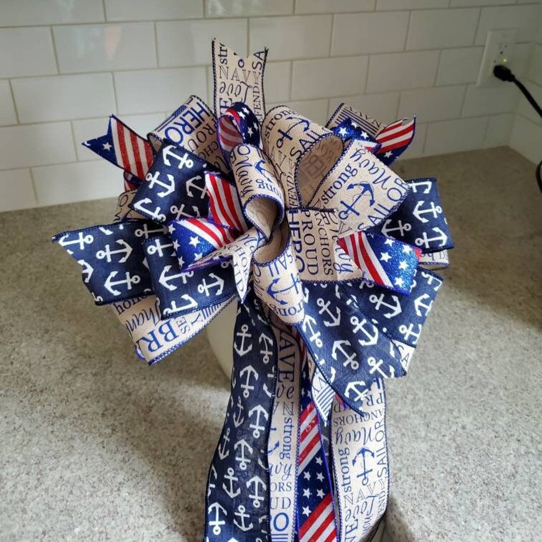 US Navy Support Patriotic Tree Topper Bow~ Military Navy Tree Bow ~US ...