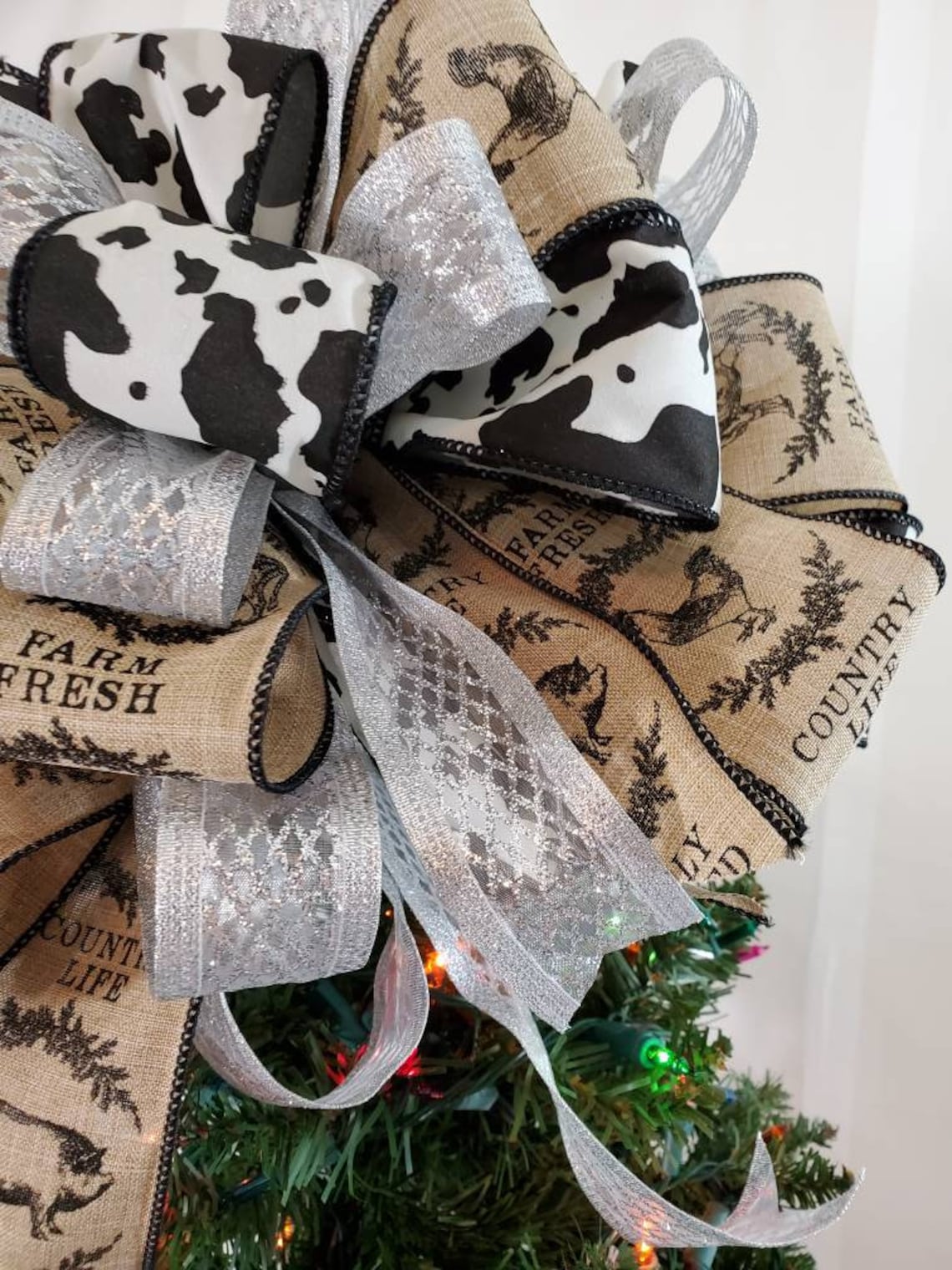 Country Cow Print Christmas Tree Topper Bow Holiday Tree | Etsy