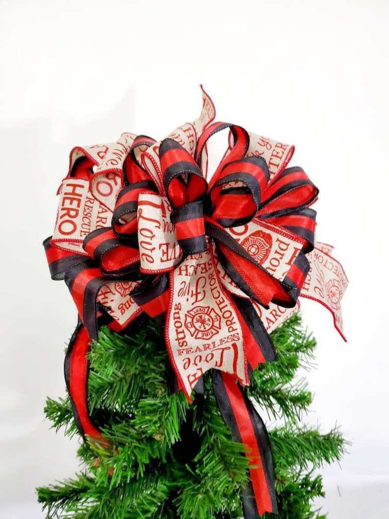 Firefighter Christmas Tree Topper Bow ~ Fire Department Holiday Tree ...