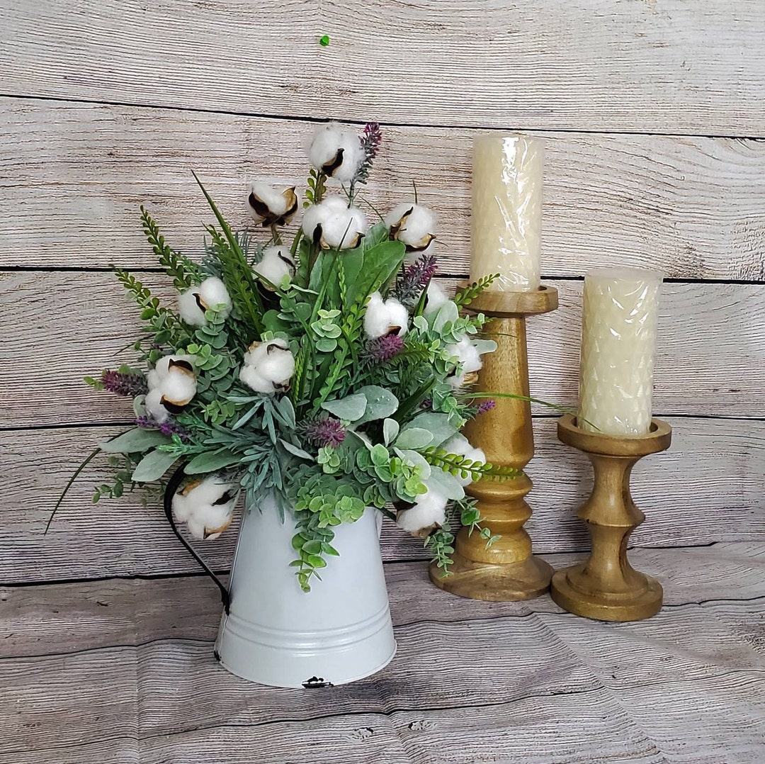 Cotton and Lambs Ear Metal Pitcher Centerpiece for Dining Table ...