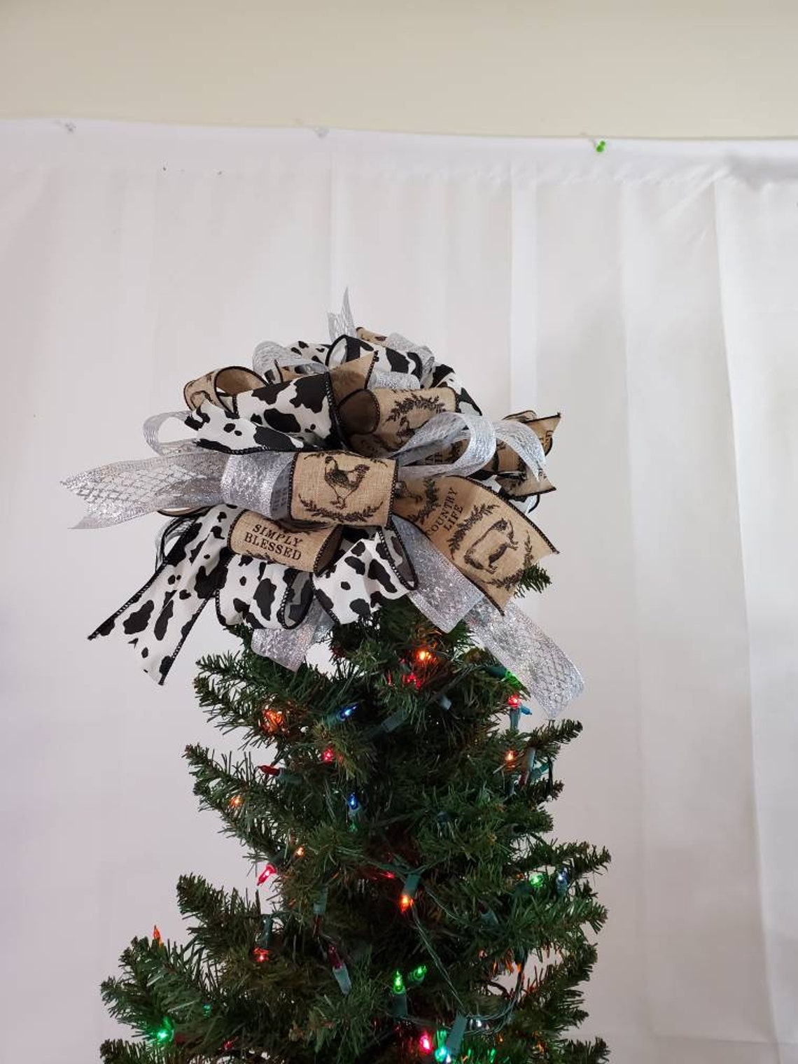 Country Cow Print Christmas Tree Topper Bow Holiday Tree | Etsy