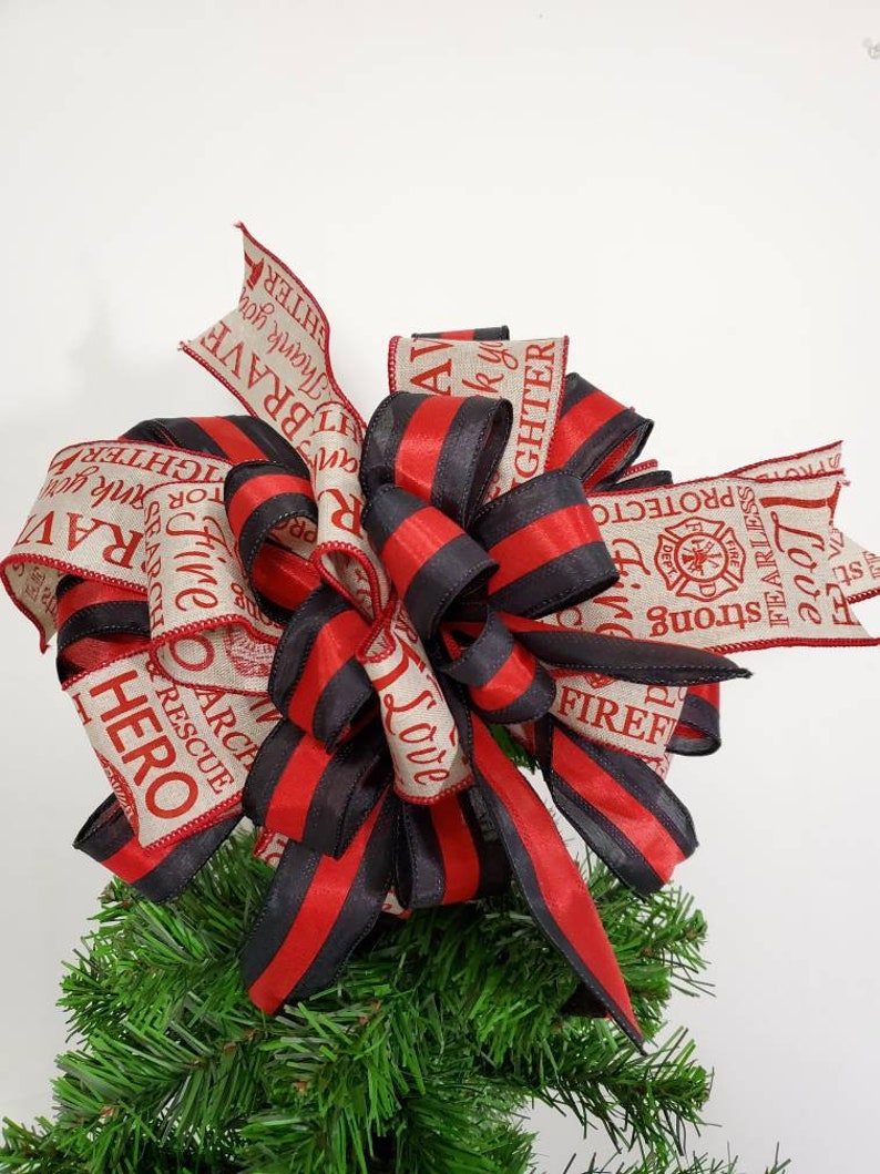 Firefighter Christmas Tree Topper Bow ~ Fire Department Holiday Tree ...