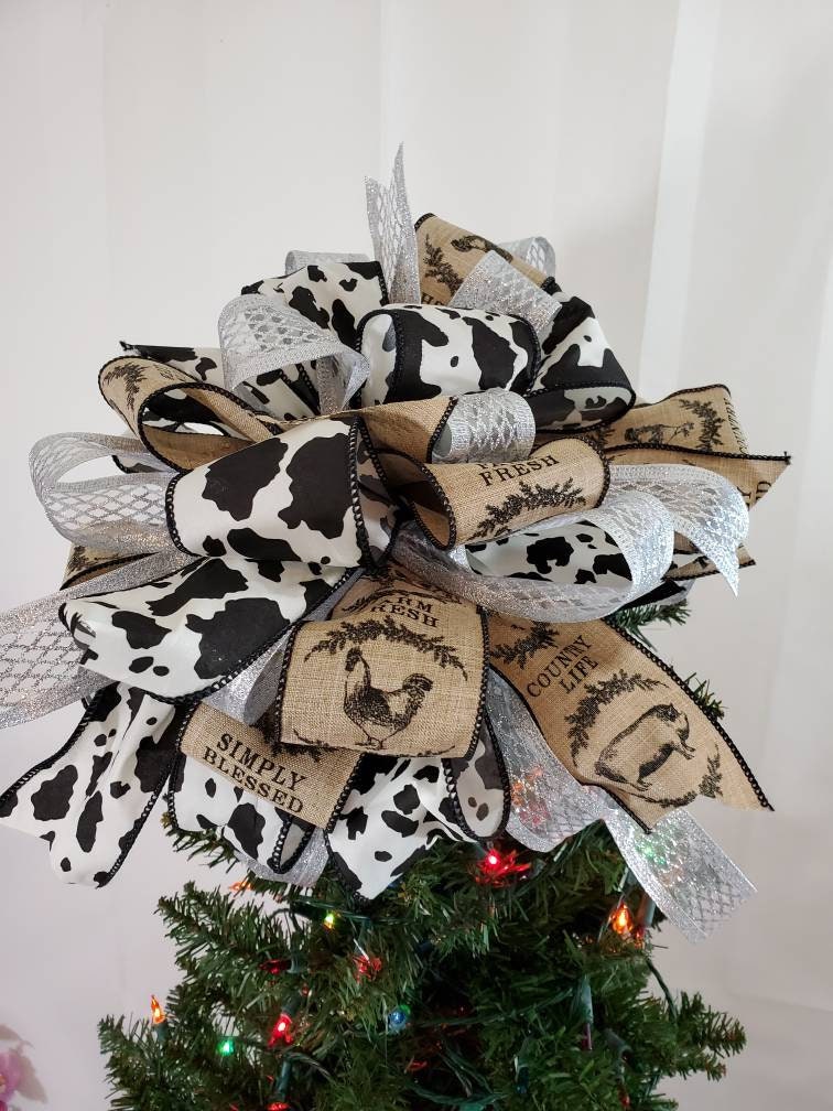 Country Cow Print Christmas Tree Topper Bow Holiday Tree | Etsy