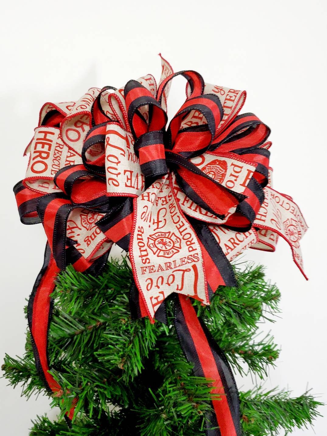 Firefighter Christmas Tree Topper Bow ~ Fire Department Holiday Tree ...