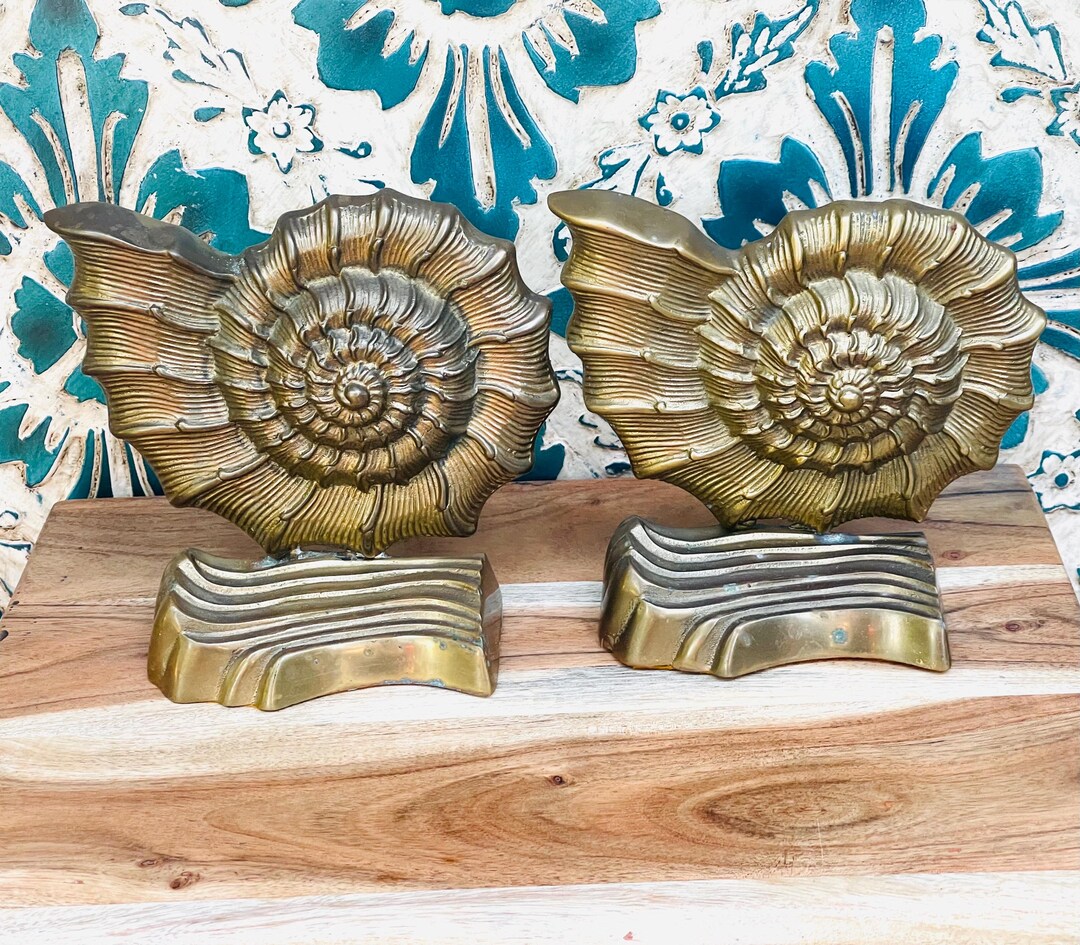 Vintage Brass Sea Shell Book Ends-rare - Etsy