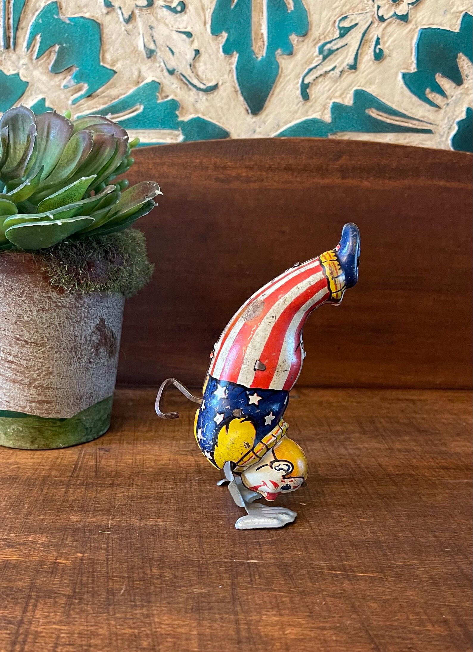 WORKS Vintage Tin Litho Wind up Clown Doing Handstand Toy Chein Walking ...