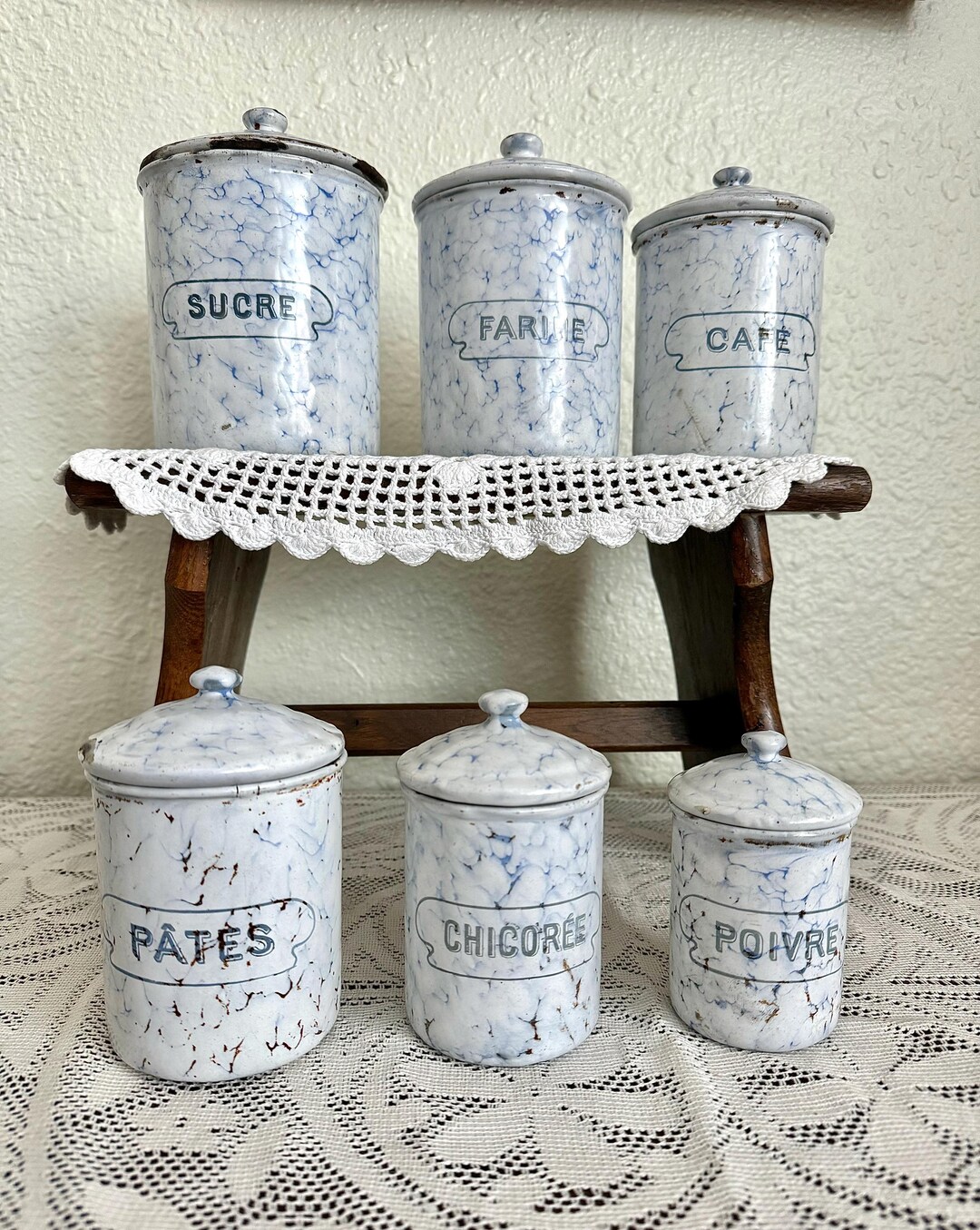 Enamel Canister Set French Blue and White Enamelware Chicken Wire ...