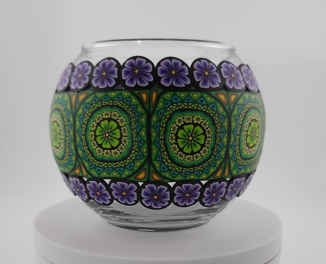Fimo Millefiori Votive Candle Holder: Green Mandala, Purple Flowers - Etsy