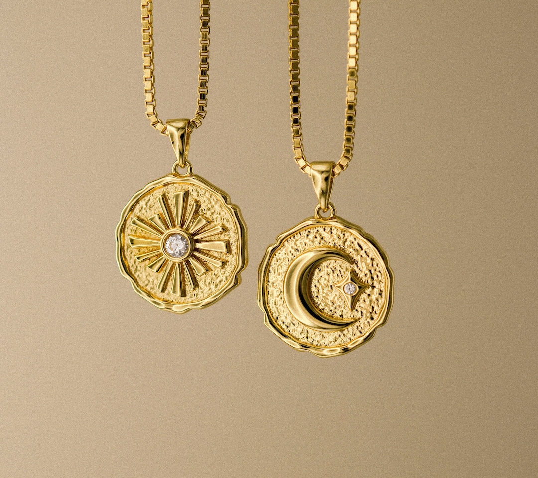 Sun and Moon Double Sided Necklace, Coin Pendant Necklace, Gold Vermeil ...