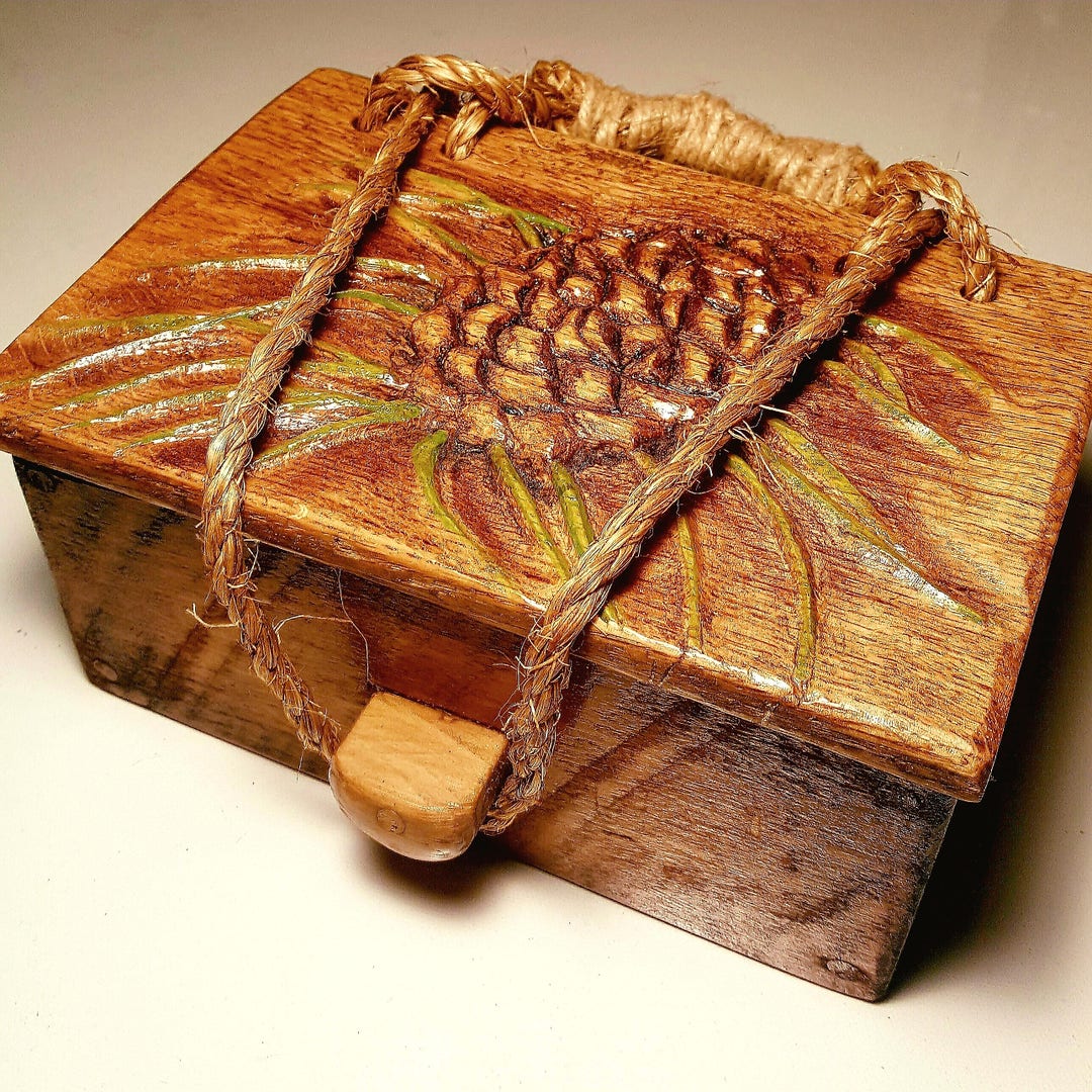 Wooden Storage Box, Pinecone Decor, Hand Carved, Crush Velvet ...