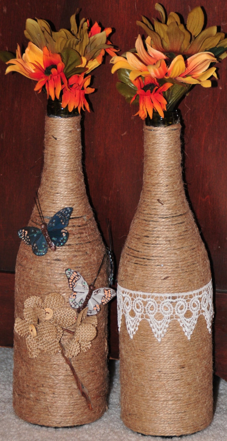 Decorated wine bottles Wine Bottles Jute wrapped Cute Vase | Etsy