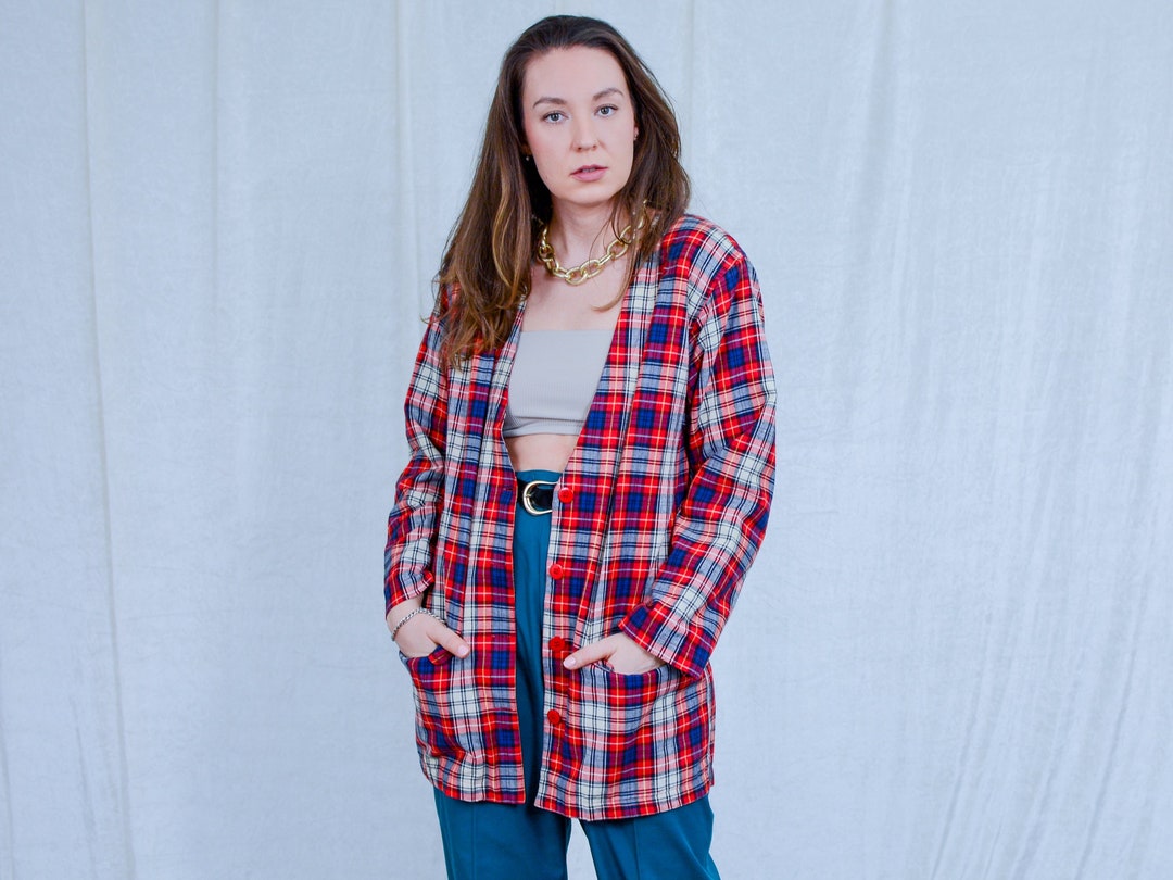 Checkered Blazer 80s Red Jacket Vintage Tartan Women Retro XL/XXL - Etsy