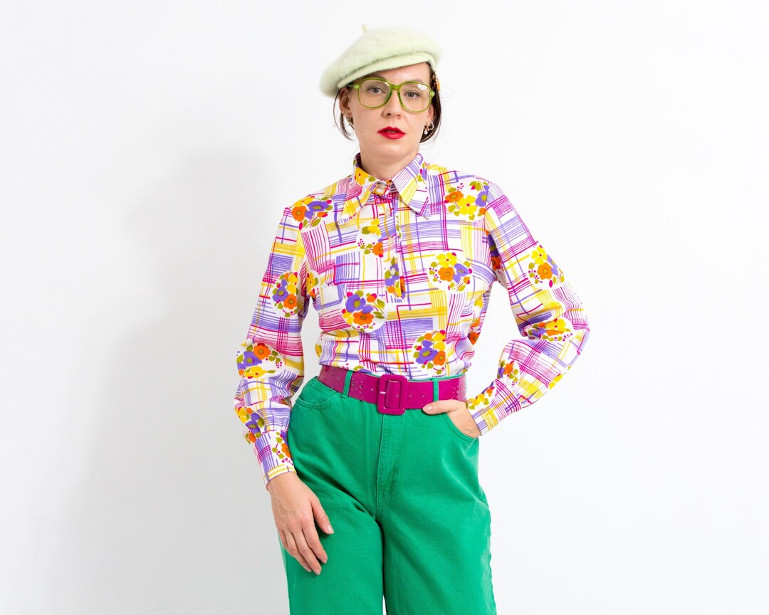 70s Printed Polo Shirt Rainbow Long Sleeved Collared Top Size M - Etsy