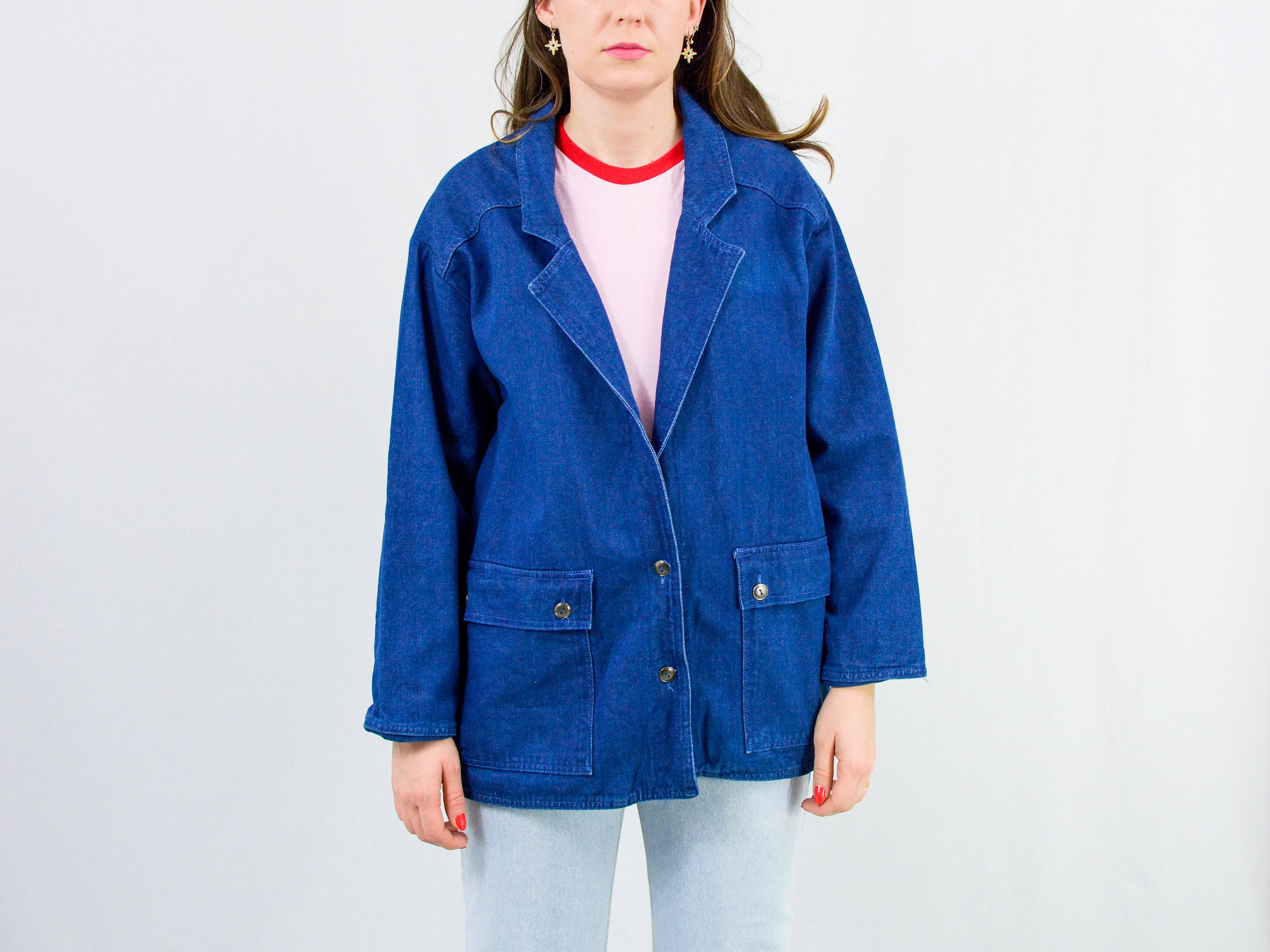 Blue Denim Jacket 80s Vintage Blazer Mustard Lining Hipster Oversized ...