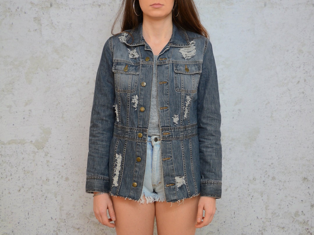 Dstressed Denim Jacket Grunge Grey Vintage Cut off Bottom Hipster Jeans ...