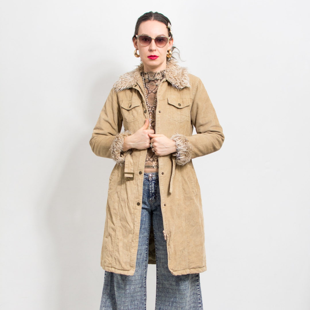 Vintage Corduroy Jacket Faux Fur Collar Y2K Denim Trench Women Size XS ...