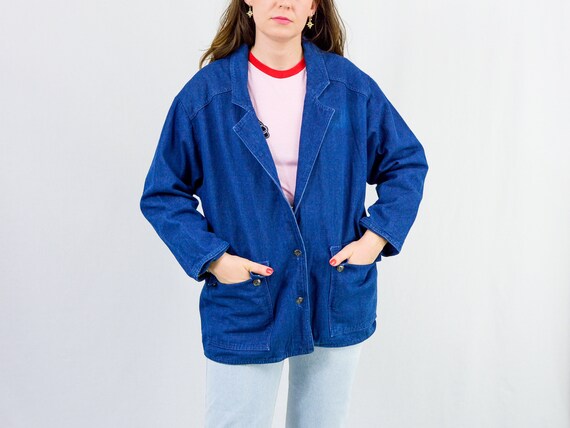 Blue denim jacket 80s vintage blazer mustard lining h… - Gem