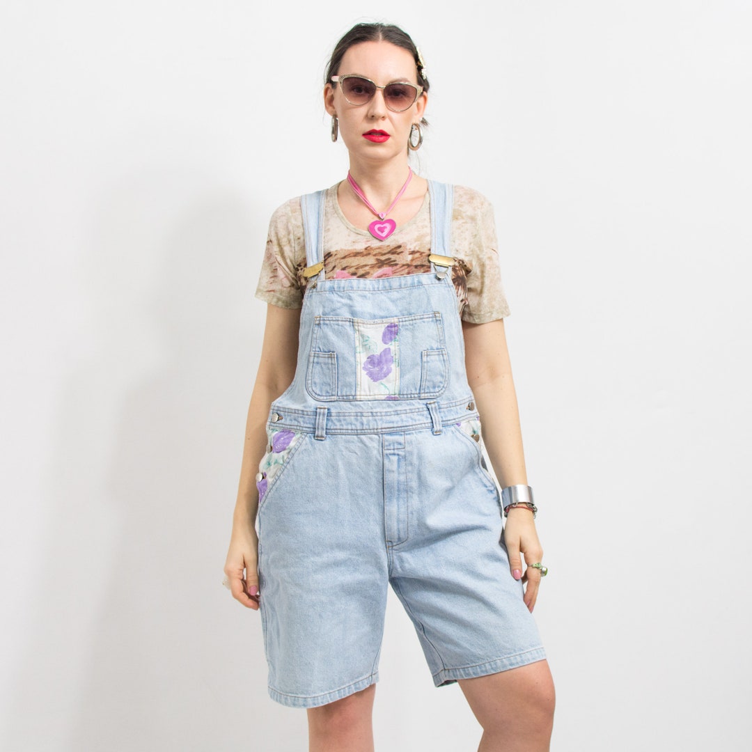 90's Vintage Shortalls Denim Overalls Floral Dungarees Women Size L/XL ...