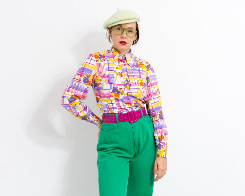 70s Printed Polo Shirt Rainbow Long Sleeved Collared Top Size - Etsy