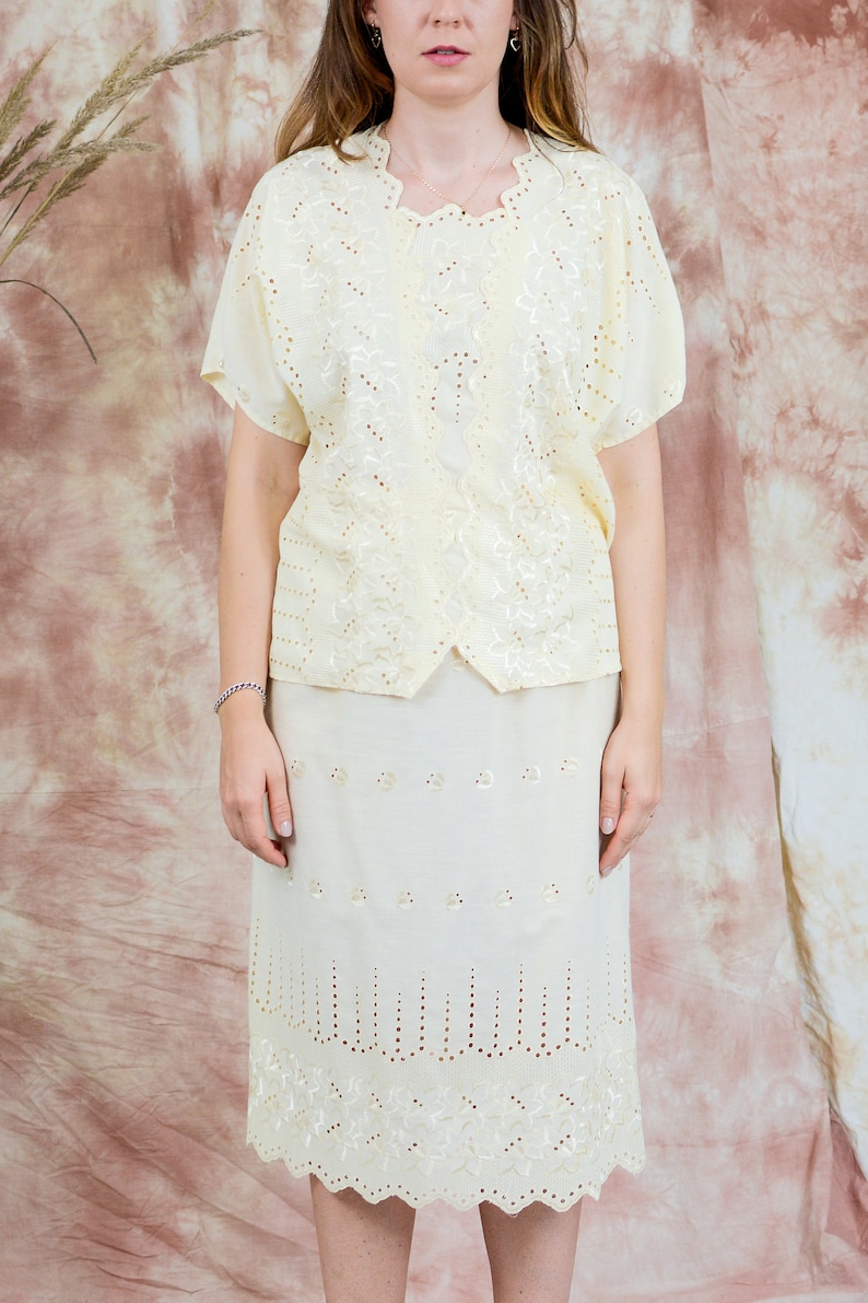 Cream Two Piece Set Blouse and Skirt Ethnic Minimalist Boho Hippie L ...