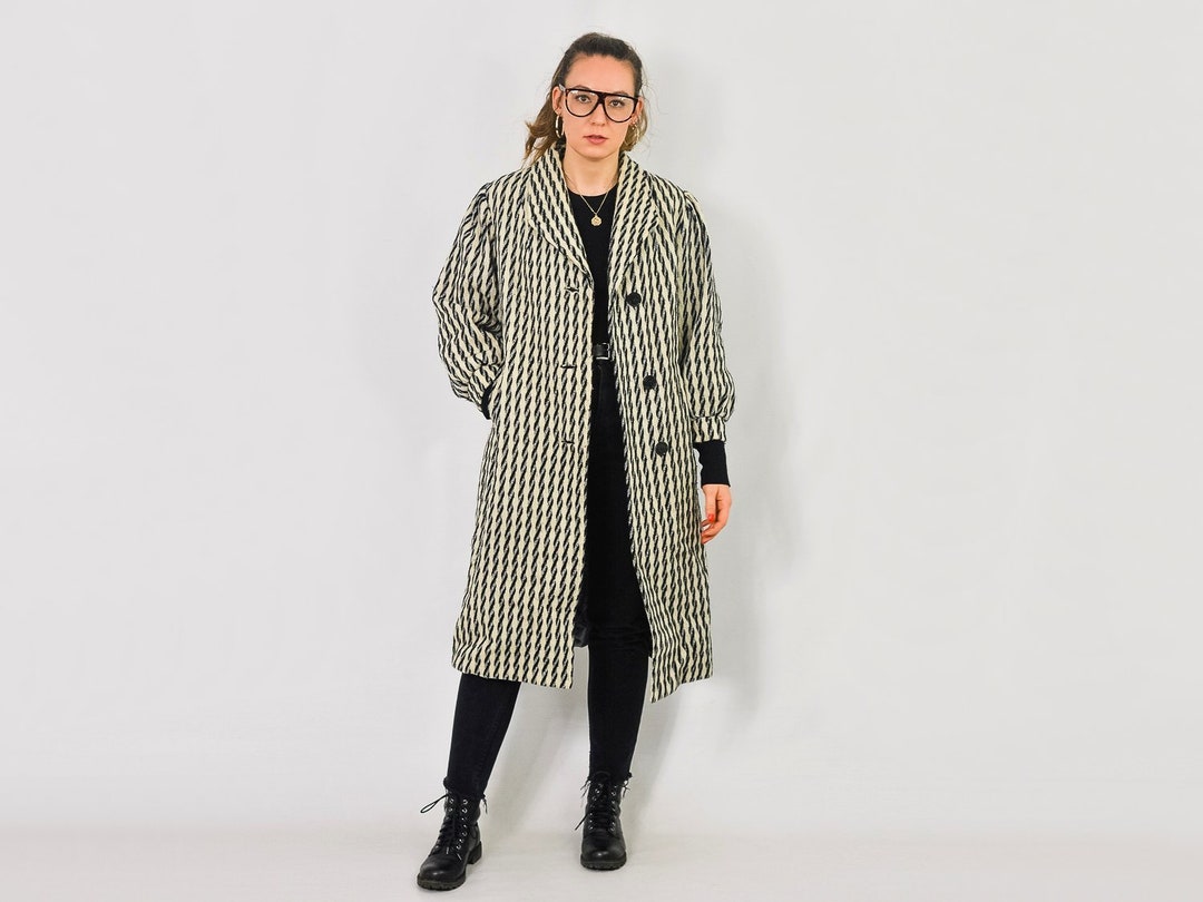 Retro Coat 80's Warm Wool VINTAGE Jacket Black White Striped Button up ...