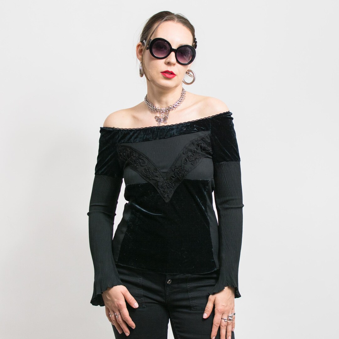 Vintage Gothic Velvet Lace Top Off-shoulder Blouse M - Etsy