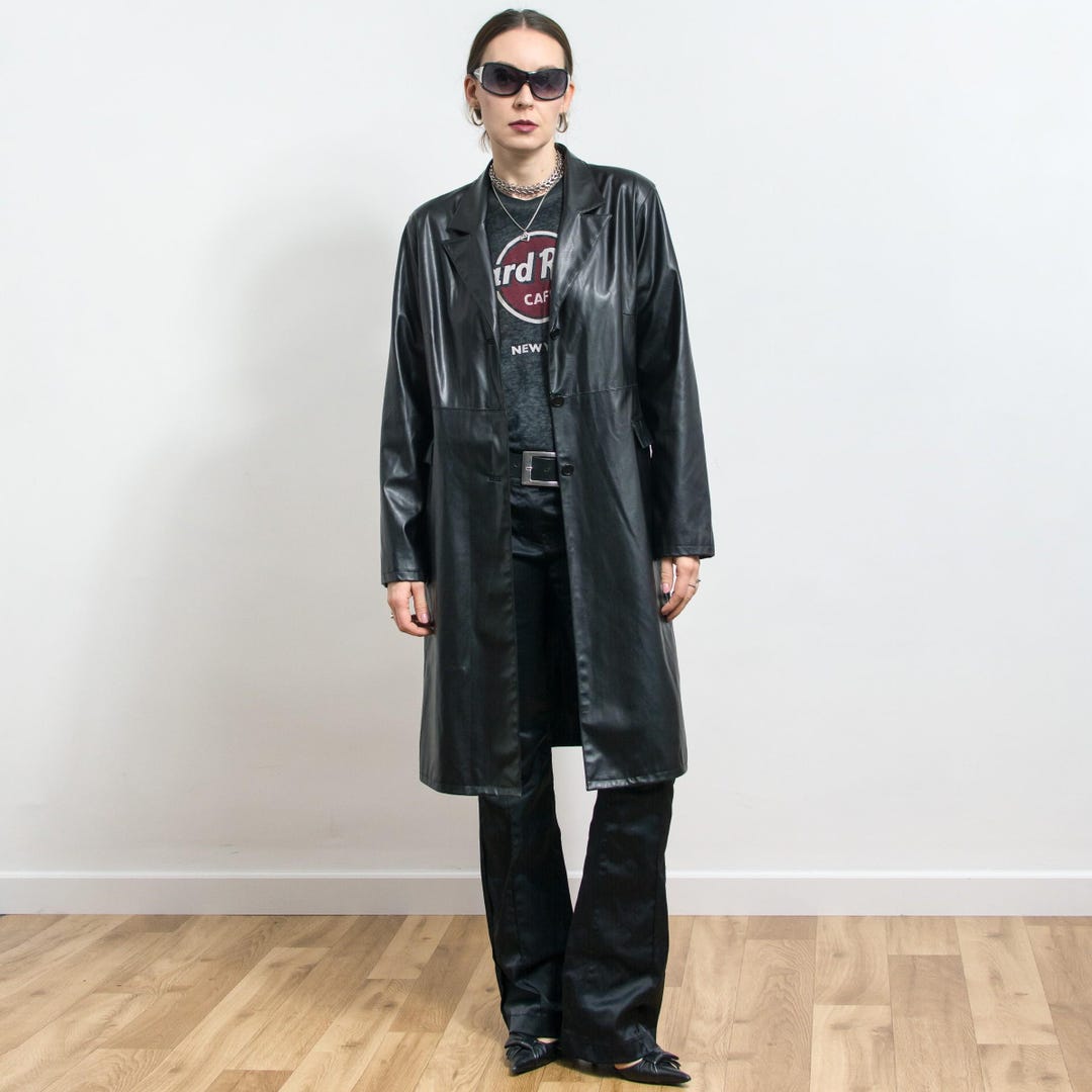 Vintage Black Vinyl Matrix Trench Coat Y2K Faux Leather - Etsy
