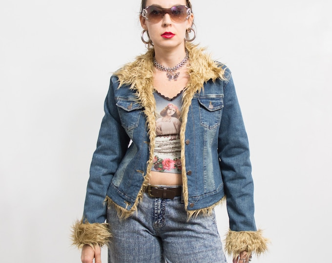 Fall Denim Jacket Y2K Vintage Faux Fur Collar Women Size L - Etsy