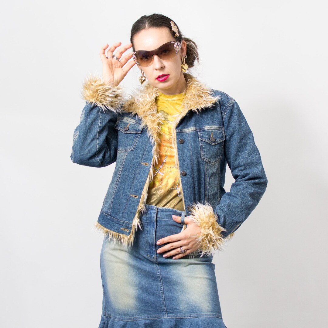 Y2K Denim Jacket Vintage Faux Fur Collar Women Size M - Etsy