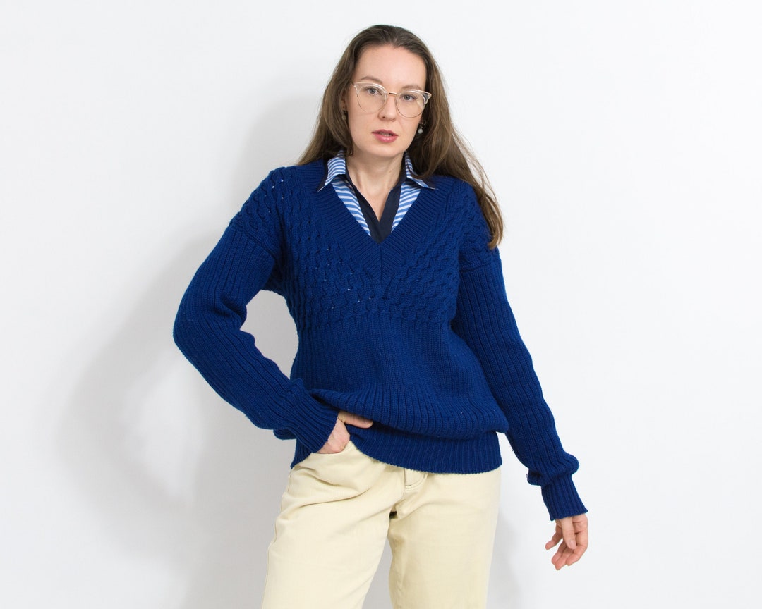 Pure Wool V Neck Sweater Vintage Navy Blue Preppy Jumper Size L - Etsy