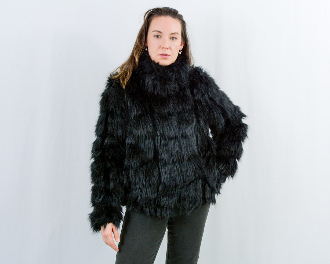 Black Faux Fur Vintage Y2k Jacket Party Coat Vegan Friendly Women ...