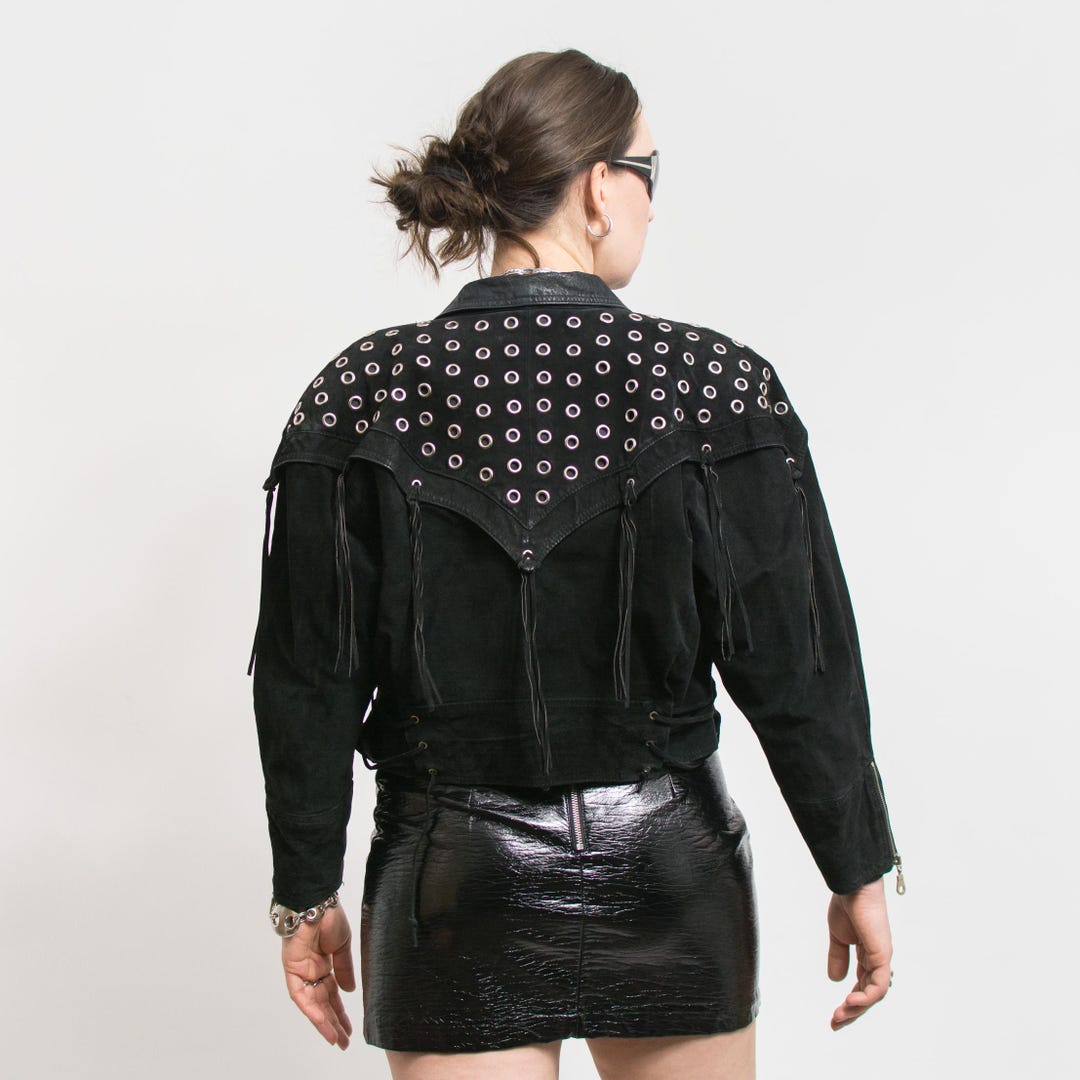 Vintage Studded Fringed Biker Black Suede Leather Jacket M/L - Etsy