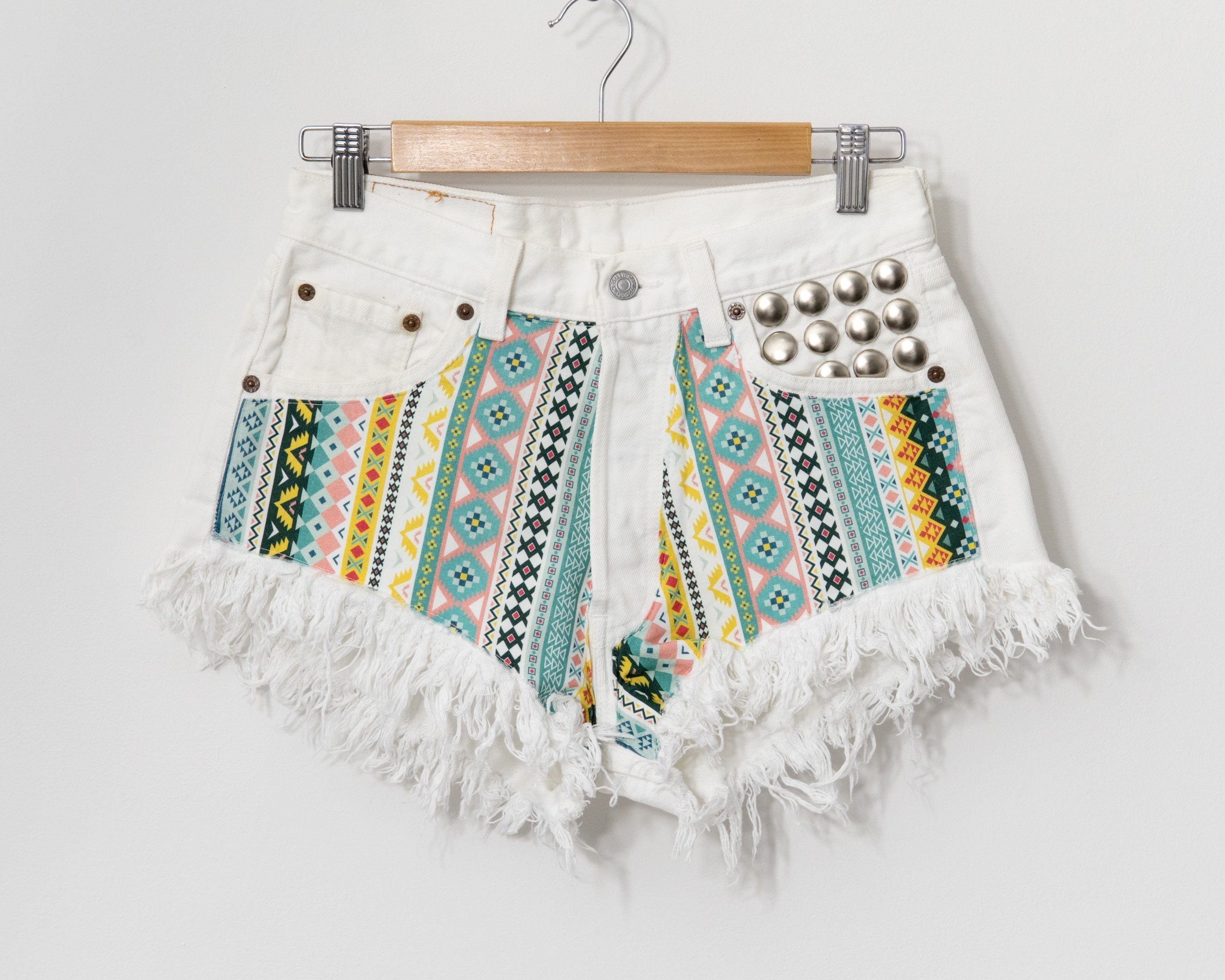LEVI'S 501 Shorts Aztec White Cut off Denim Reworked Summer Festival ...