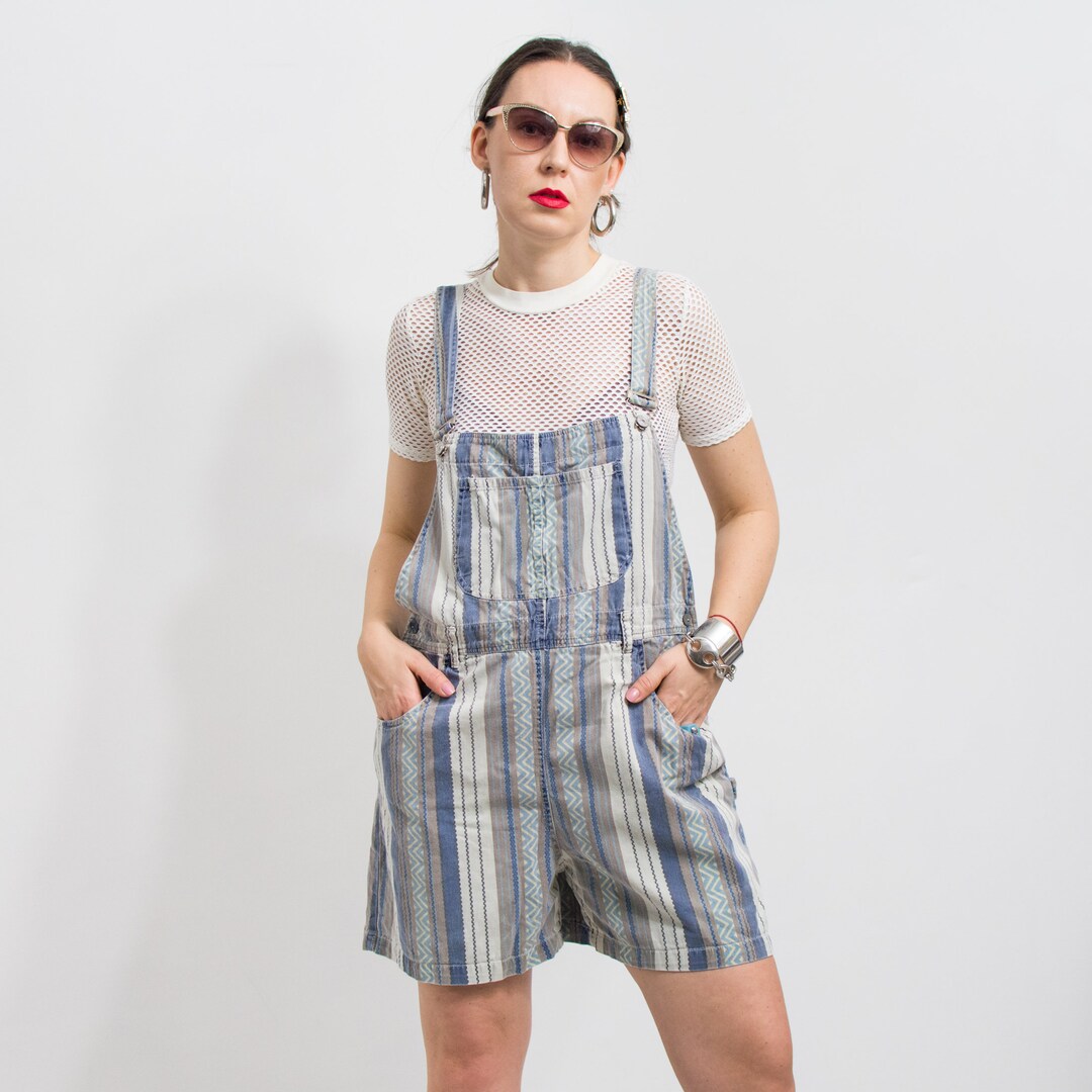 90's Vintage Aztec Denim Overalls Striped Shortalls Dungarees Women ...