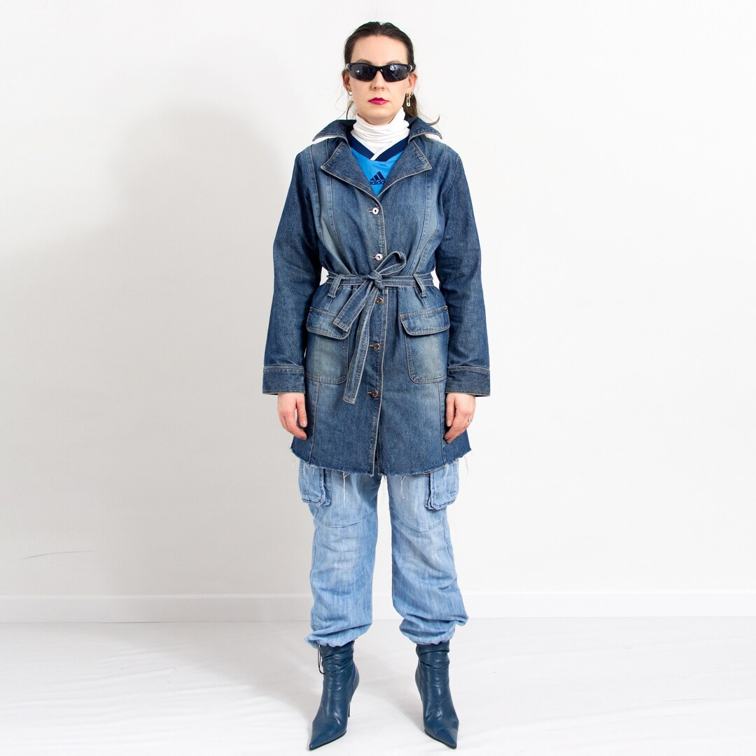 Denim Trench Vintage Blue Jean Coat Belted Spring Women Size L/XL - Etsy
