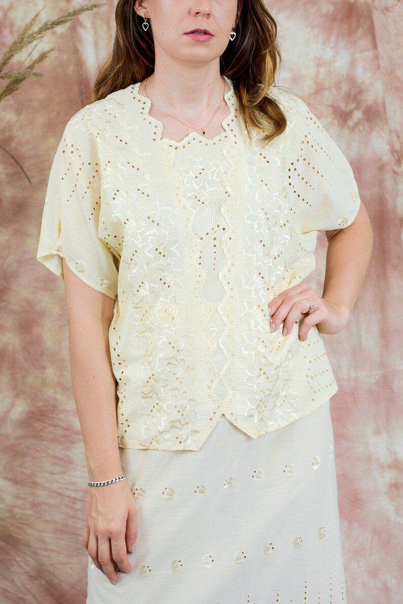 Cream Two Piece Set Blouse and Skirt Ethnic Minimalist Boho Hippie L ...
