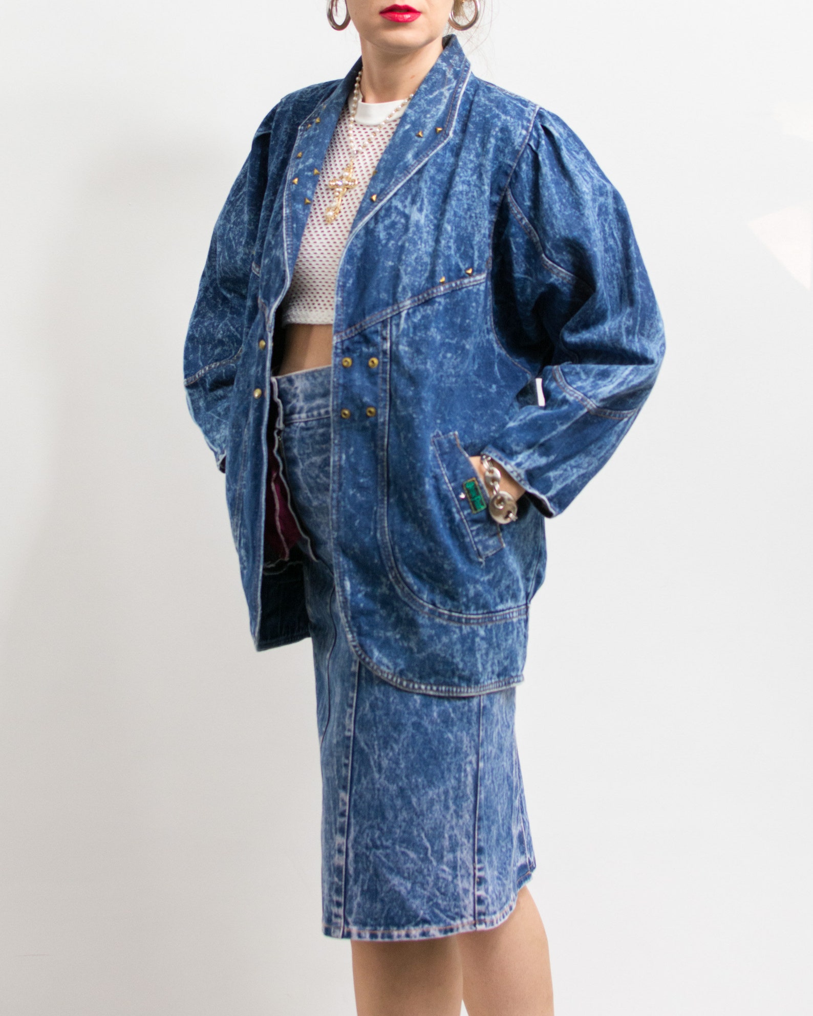 80s Denim Skirt Suit Vintage Two Piece Set Women Size L Etsy
